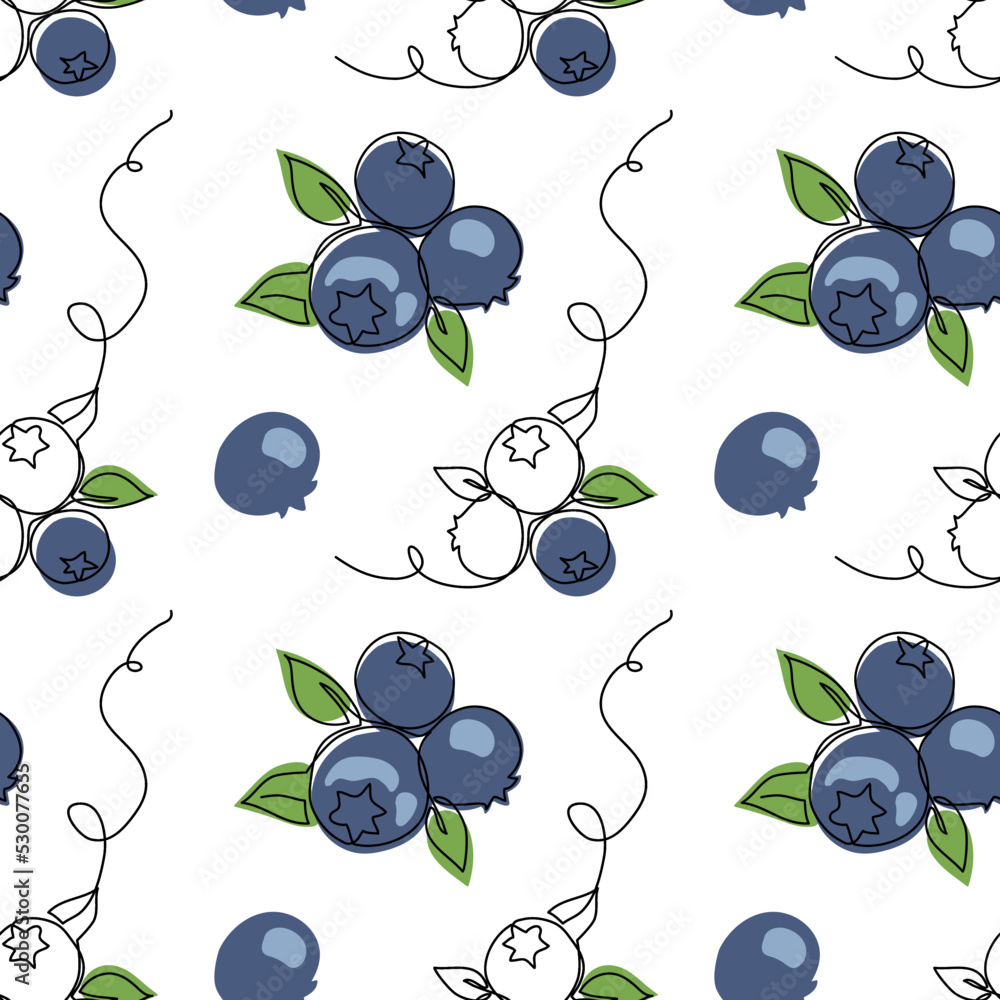 Blueberry,bilberry vector pattern. One continuous line art drawing of ...