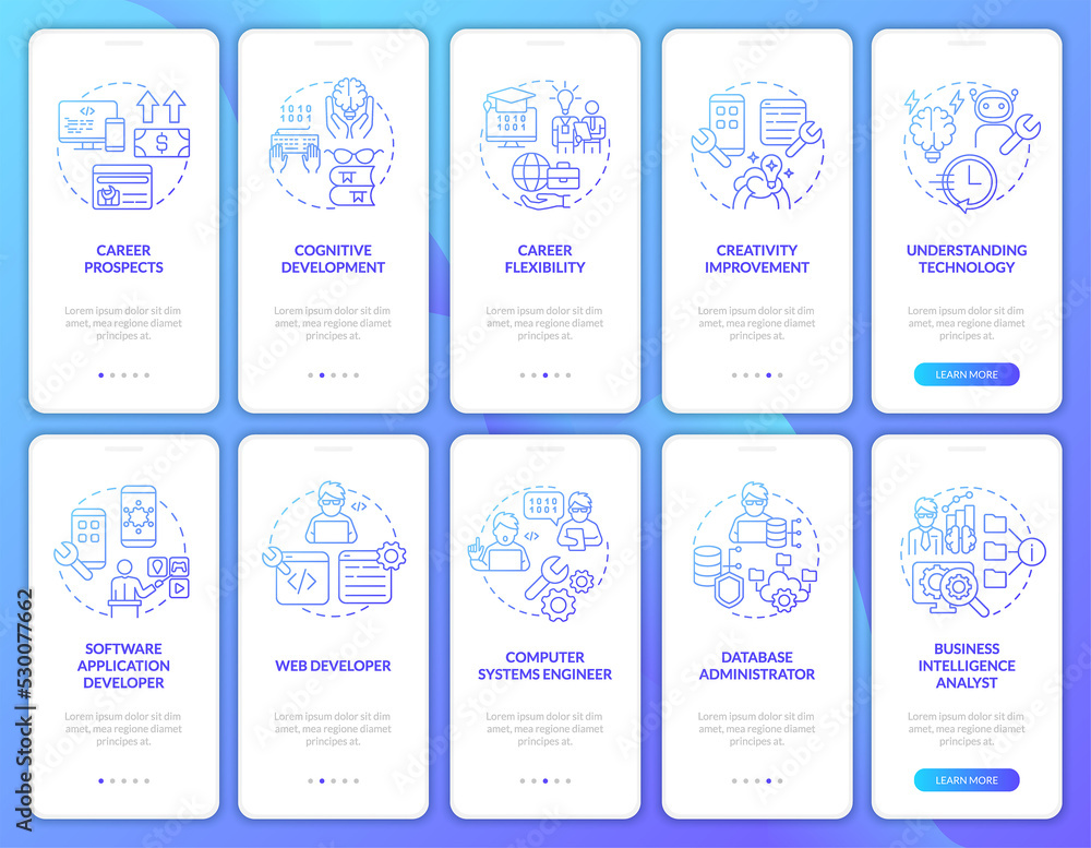 Coding Concepts Blue Gradient Onboarding Mobile App Screen Set Developer Walkthrough 5 Steps