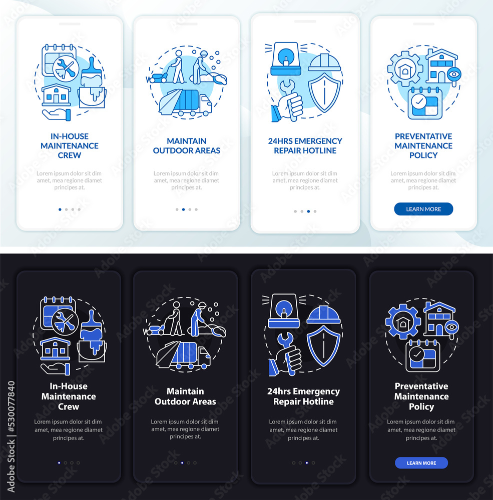 Maintenance night and day mode onboarding mobile app screen. Service ...
