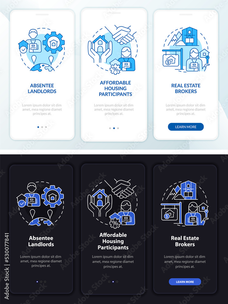 Property agency night and day mode onboarding mobile app screen ...
