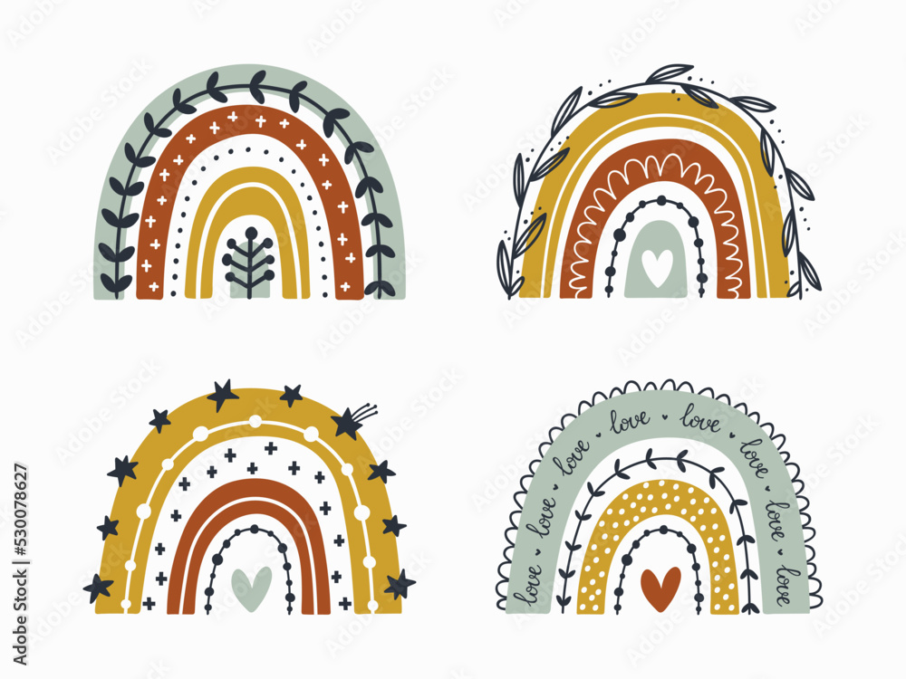 Cute hand drawn rainbows. Vector cartoon clipart set. Natural motifs in ...