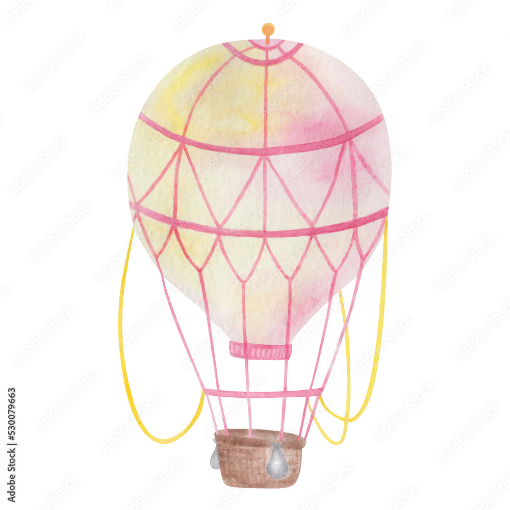 Watercolor illustration of hand painted hot air balloon in yellow, pink ...
