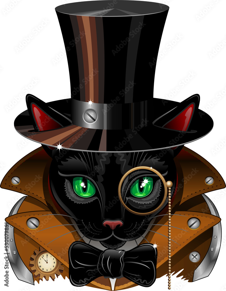 Steampunk Cat vintage retro surreal portrait with monocle and top hat ...