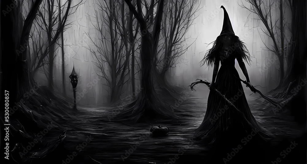 Witch Mystery Standing On The Dark And Scary Black Forest, Horror Concept. Digital Painting ...