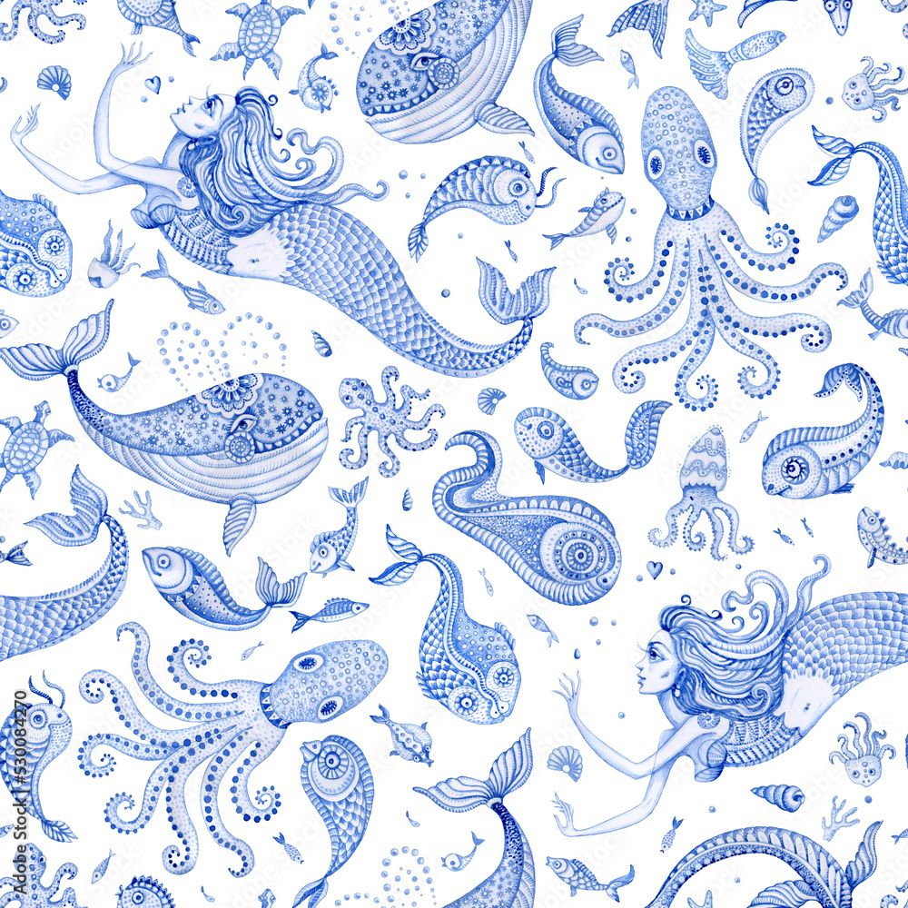 Seamless pattern of blue watercolor fairy tale sea animals and mermaid ...