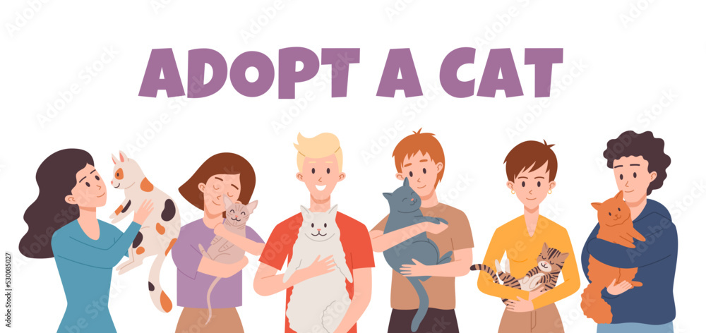 Adopt a cat banner or poster template with characters, flat vector ...