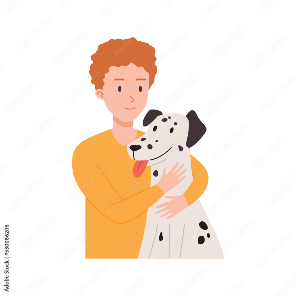 Young man hugging a huge adorable dog flat cartoon vector illustration ...