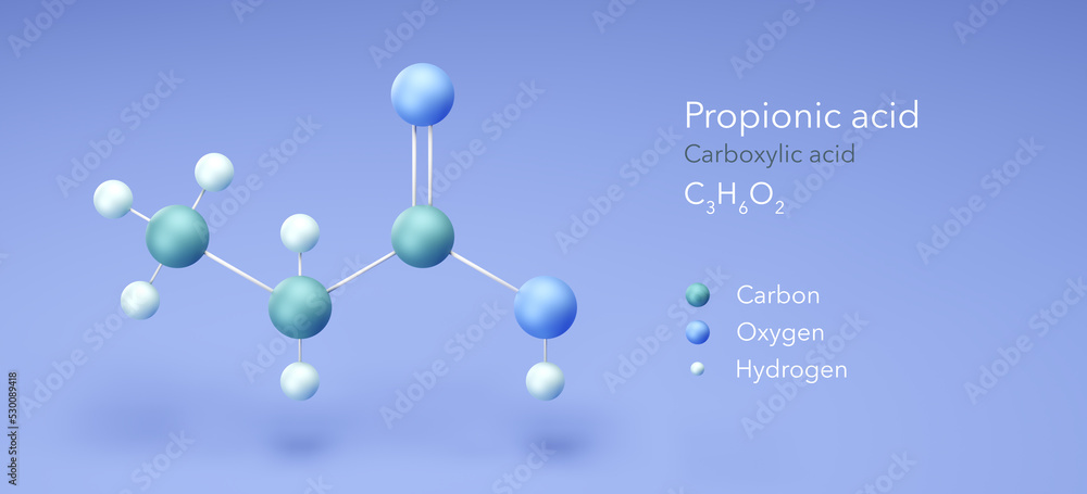 propionic acid, carboxylic acid, molecular structures, 3d model ...