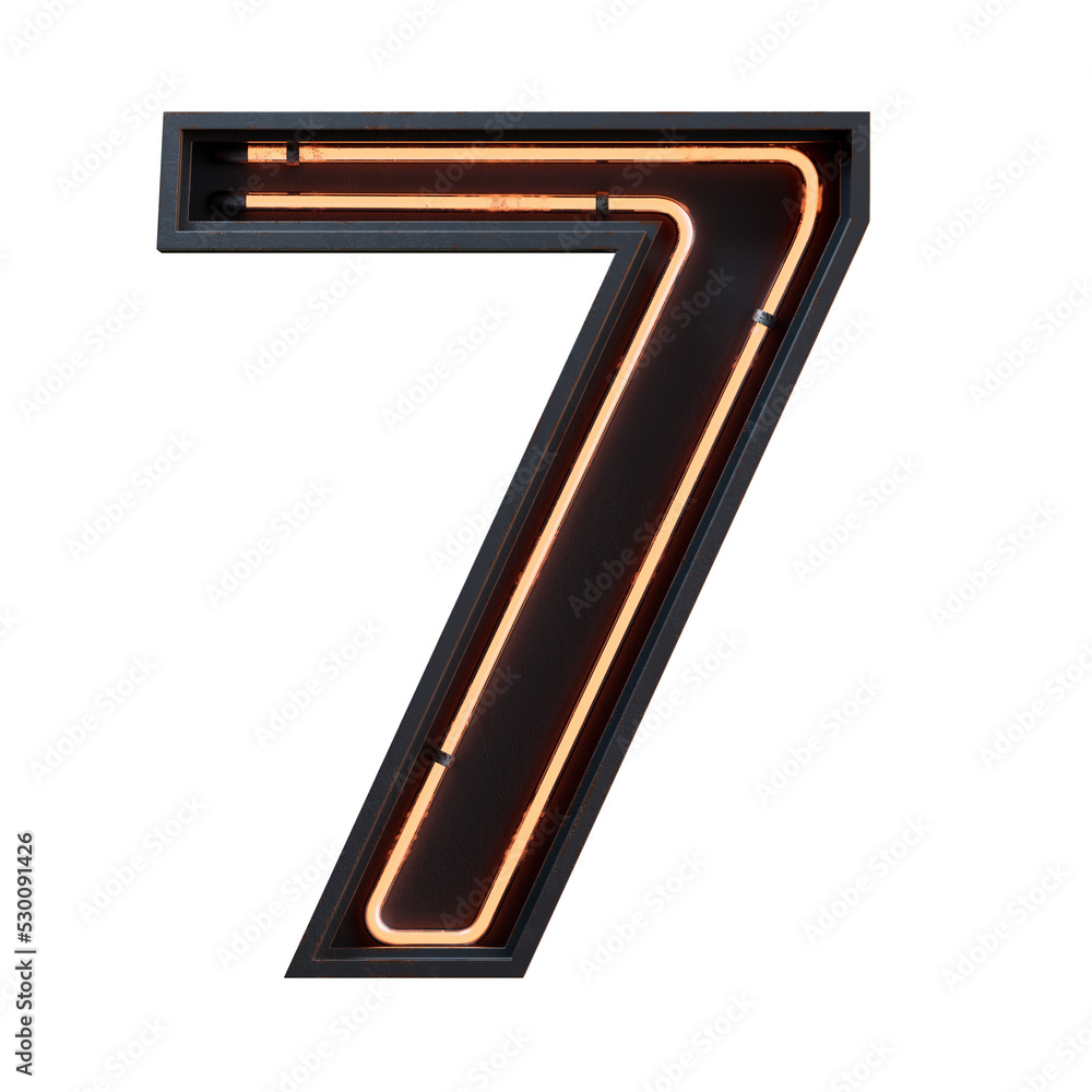 3D illustration of orange Neon light digit number character 7 font ...