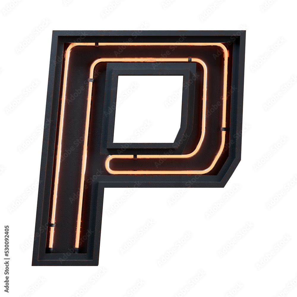 3D illustration of orange Neon light alphabet character Capital letter ...