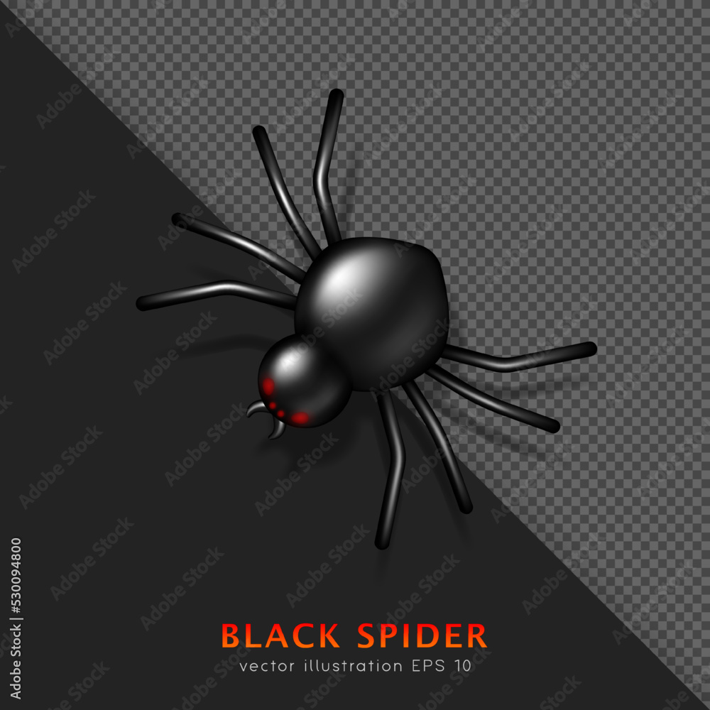 Three dimensional black glossy venomous spider with red eyes and horns ...