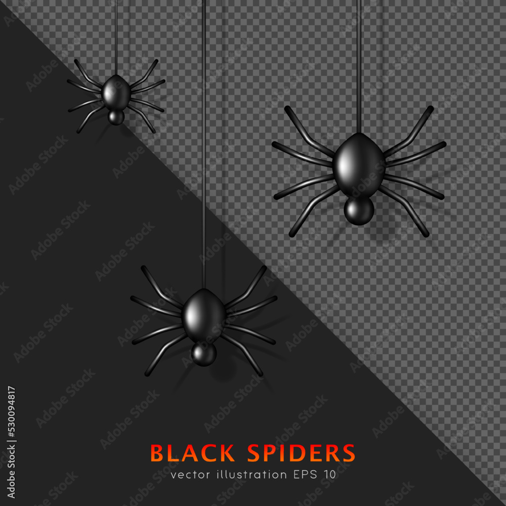 Three black glossy venomous spiders hanging on web. 3D carnivorous ...