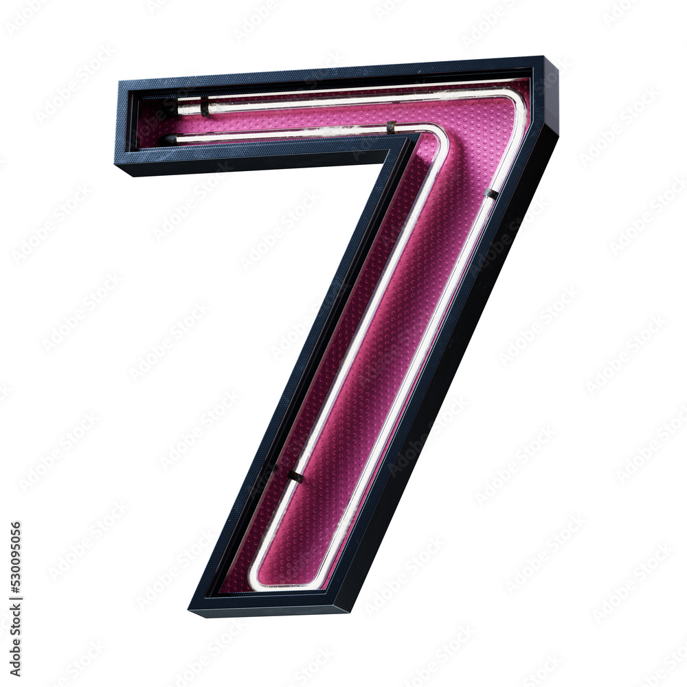 3D illustration of White Neon light digit number character 7 font. Neon ...