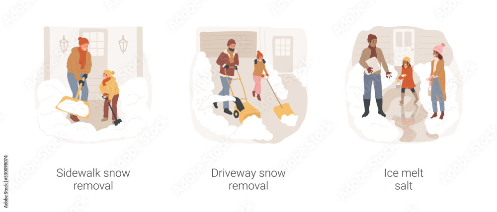 Winter outdoor works isolated cartoon vector illustration set. Sidewalk ...