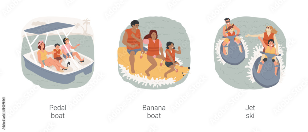 Seaside activities isolated cartoon vector illustration set. Pedal boat ...
