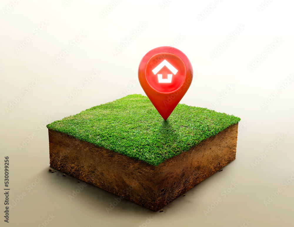House symbol with location pin icon on cubicle soil and geology cross ...