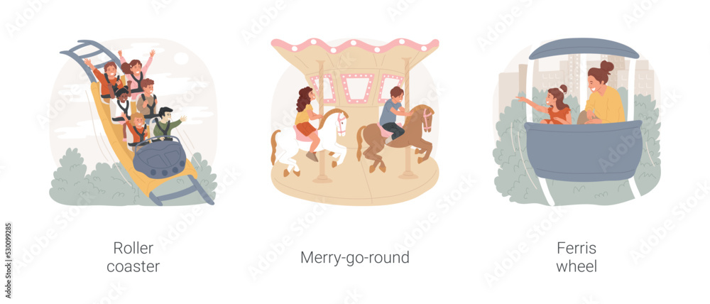 Amusement park rides isolated cartoon vector illustration set. Kids on ...