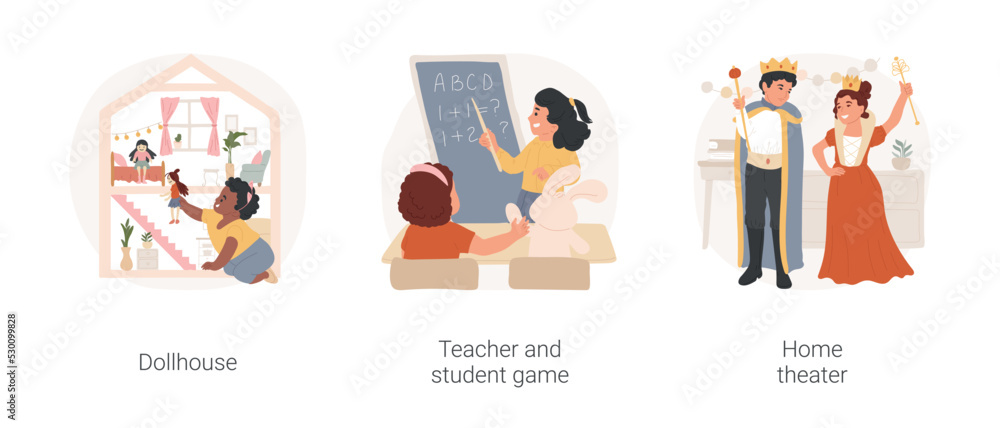 Pretend games isolated cartoon vector illustration set. Miniature ...