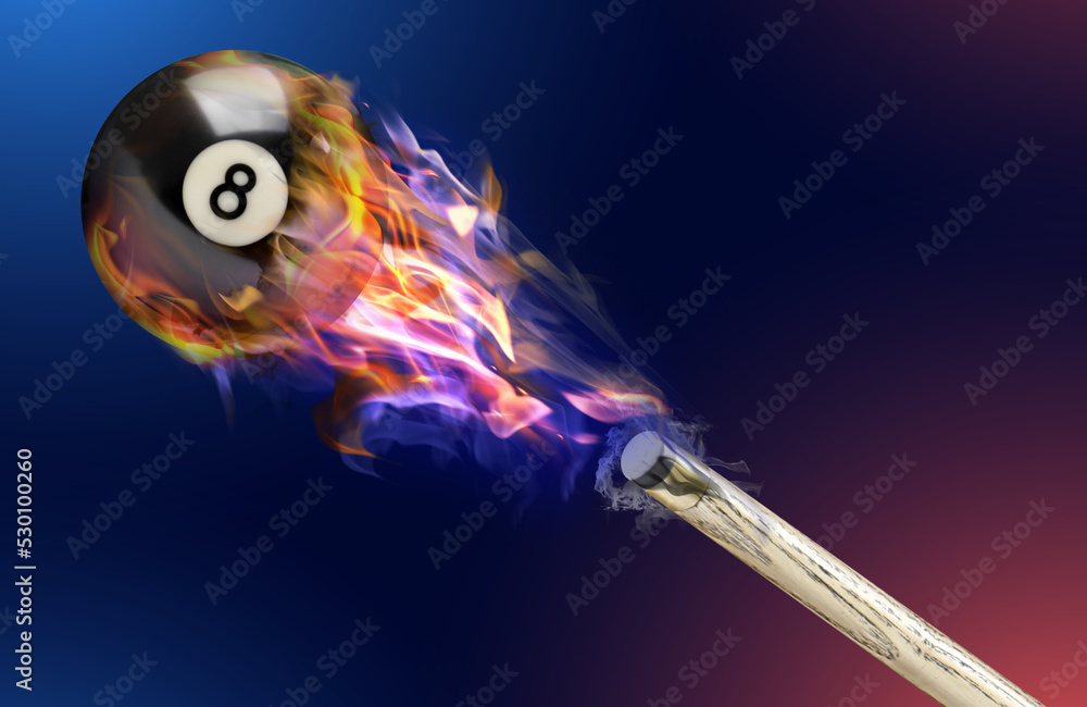 Cue and billiard ball with number 8 in fire flying on color background ...