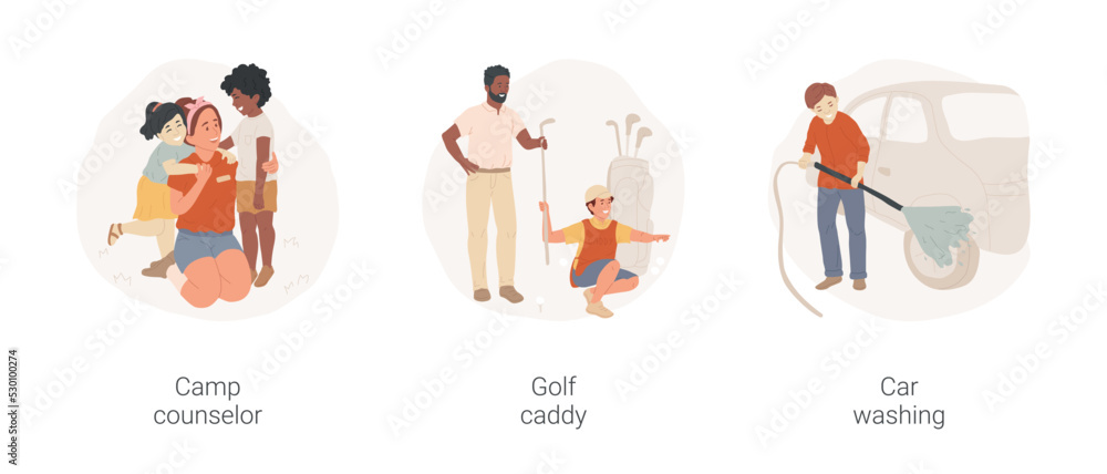Summer job for teenagers isolated cartoon vector illustration set. Camp ...
