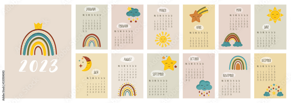 Calendar 2023 template. Monthly calendar 2023 with cute rainbows, stars ...