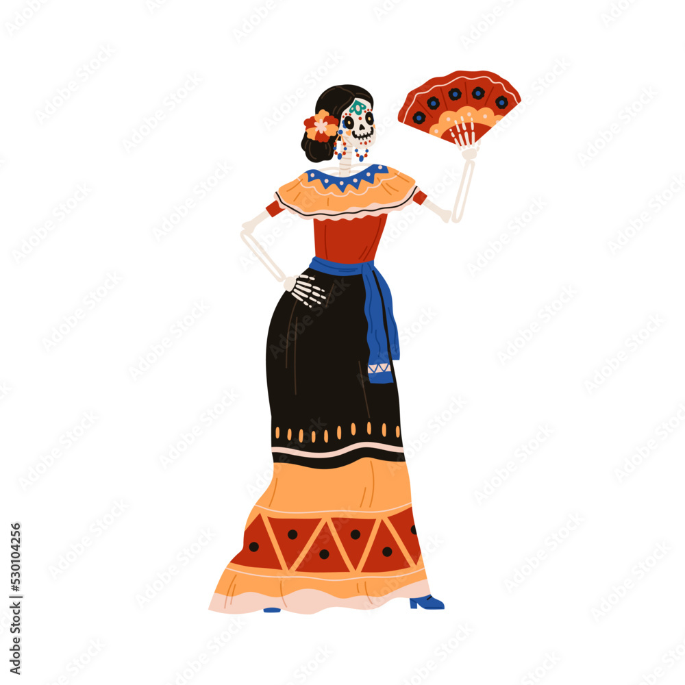 Catrina Calavera skeleton with fan in dress, flowers. Woman in Katrina ...