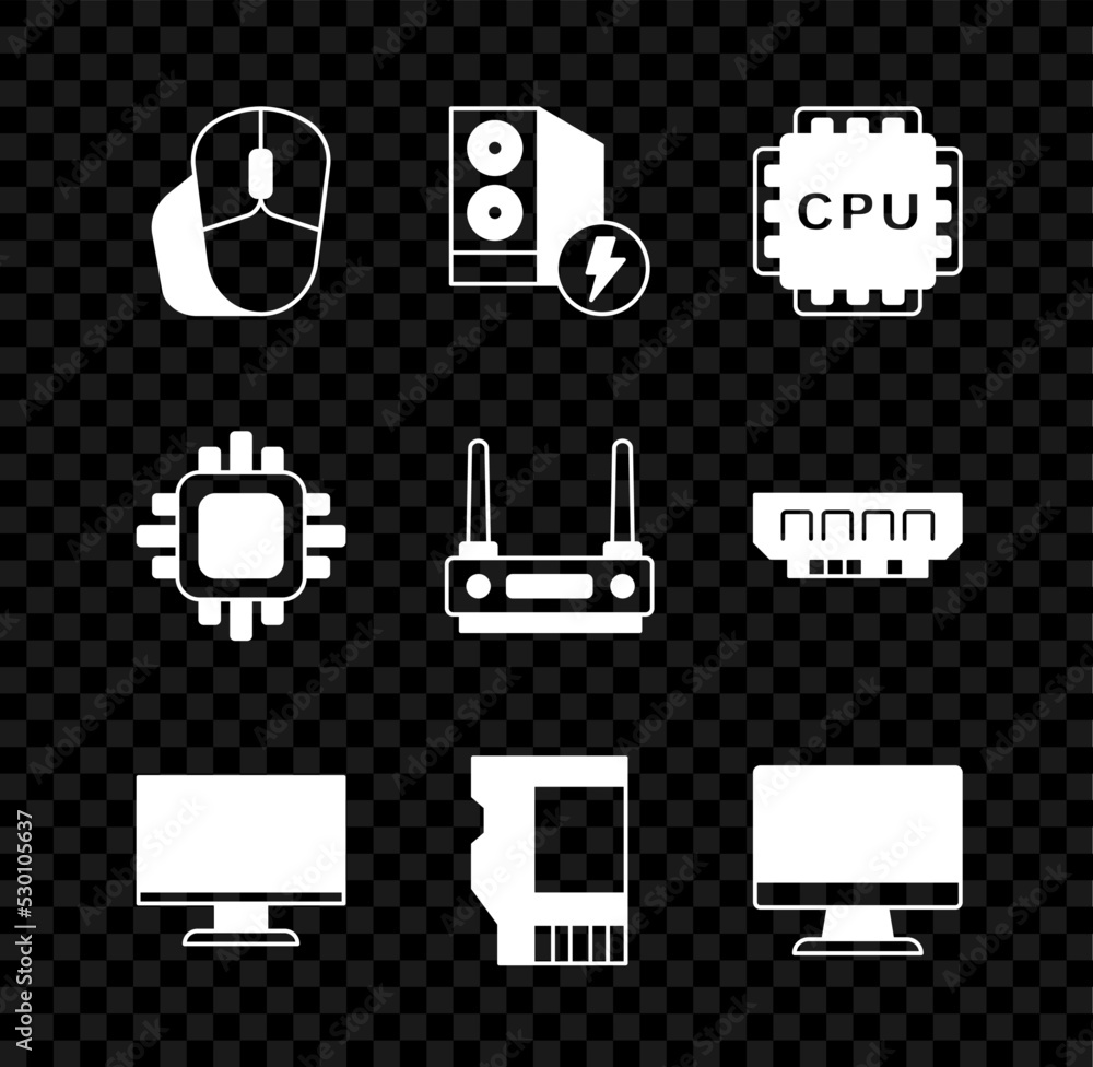 Set Computer Mouse Case Of Computer Processor With Cpu Monitor Screen Sd Card And Router