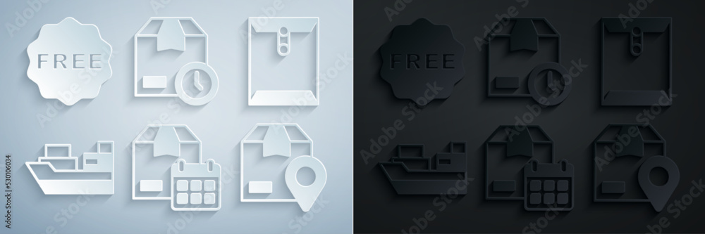 Set Cardboard box with calendar, Envelope, Cargo ship boxes delivery, Location cardboard, clock ...