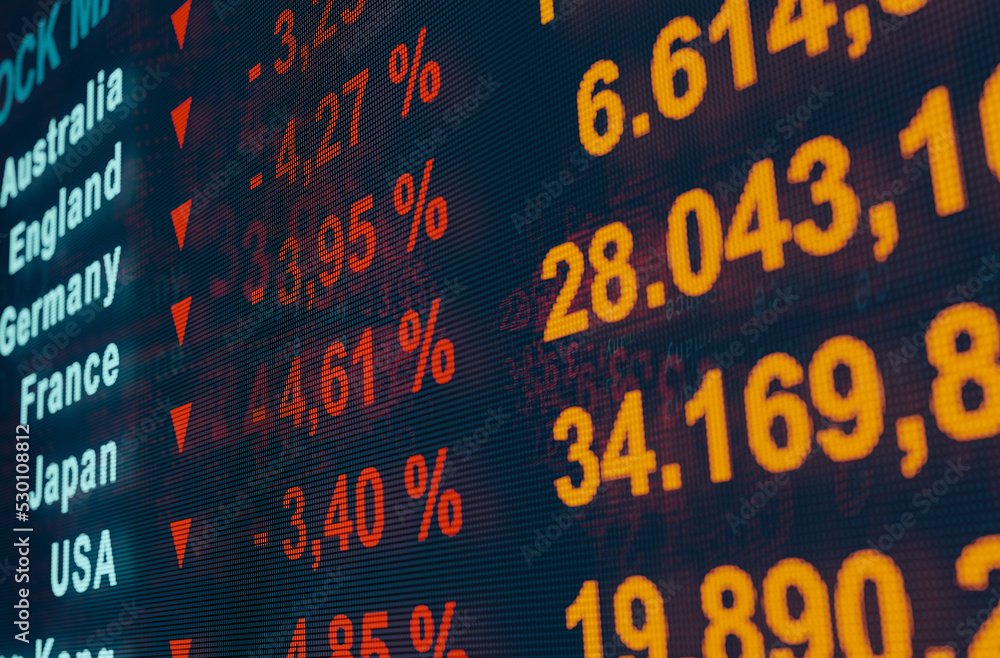 Stock exchange is falling. LED display with stock information of ...