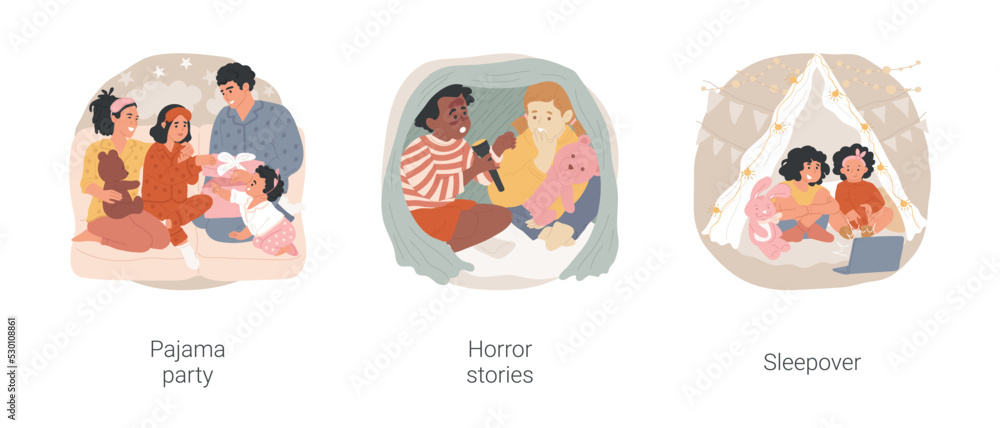 Night time kids party isolated cartoon vector illustration set. Family ...