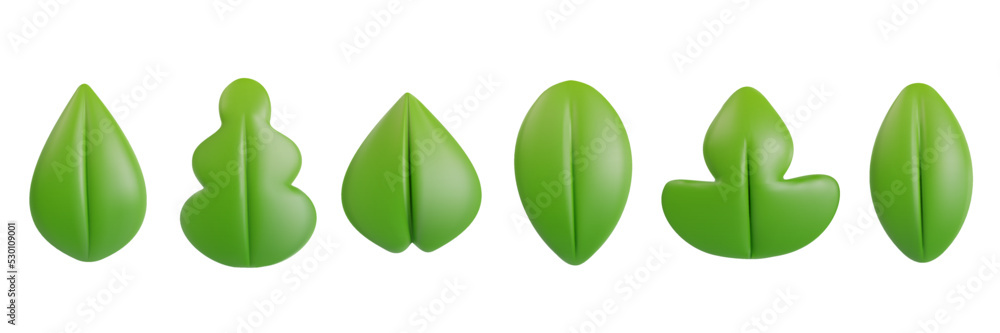 Set 3d realistic green leaf various shapes in minimalistic cartoon ...