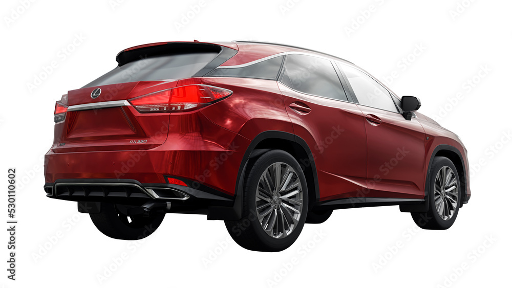Tokio. Japan. July 26, 2022. Red Lexus RX450 F-Sport on transparent ...