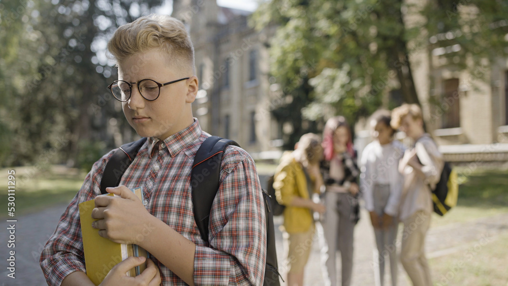 Overweight school boy in eyeglasses suffering from bullying by ...