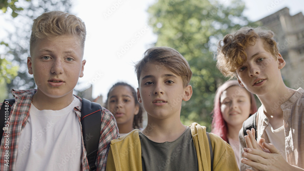 Group of angry school bullies looking at camera, bullying problem ...