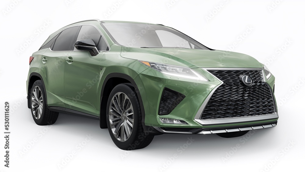 Tokio. Japan. July 26, 2022. Green Lexus RX450 F-Sport on a white ...