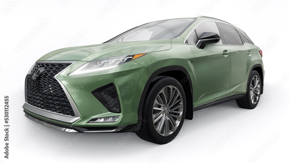 Tokio. Japan. July 26, 2022. Green Lexus RX450 F-Sport on a white ...
