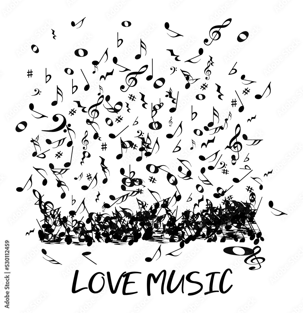 Falling musical notes pile up on the floor in this 3-d illustration on ...