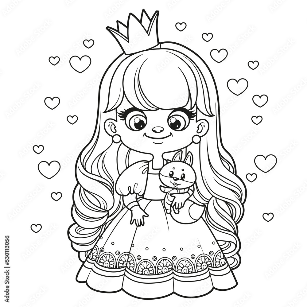 Cute cartoon longhaired princess girl in a lush dress with soft toy fox ...