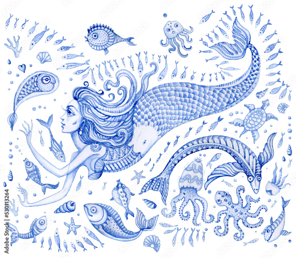 Set of indigo blue fairy tale sea animals and mermaid. Watercolor ...