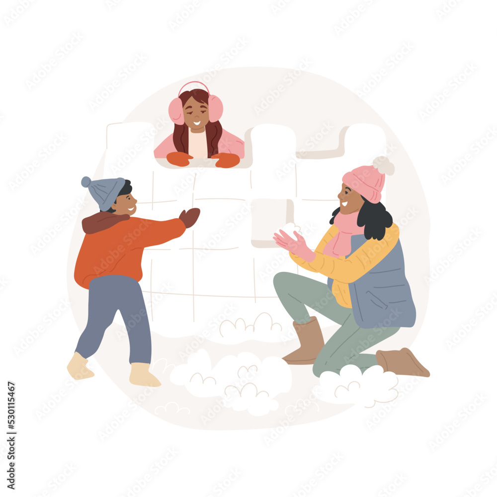 Snow fort isolated cartoon vector illustration. Family building a snow ...