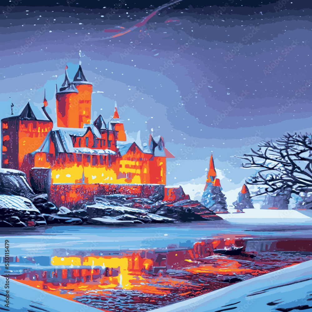 Stockvector Castle background winter snowy forest. Snow, snowflakes ...