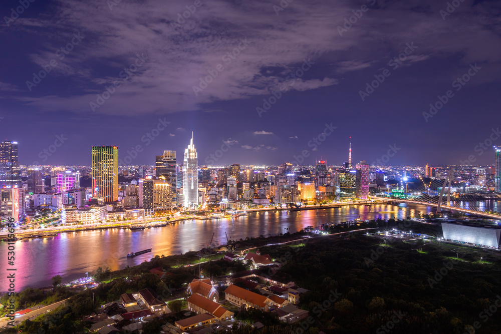 Poster Aerial view of Bitexco Tower, buildings, roads, Thu Thiem 2 ...