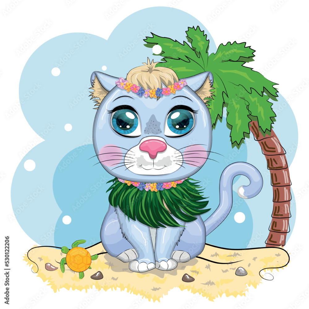 Cartoon cat dressed as a hula dancer under the ukulele, Hawaii. Summer ...