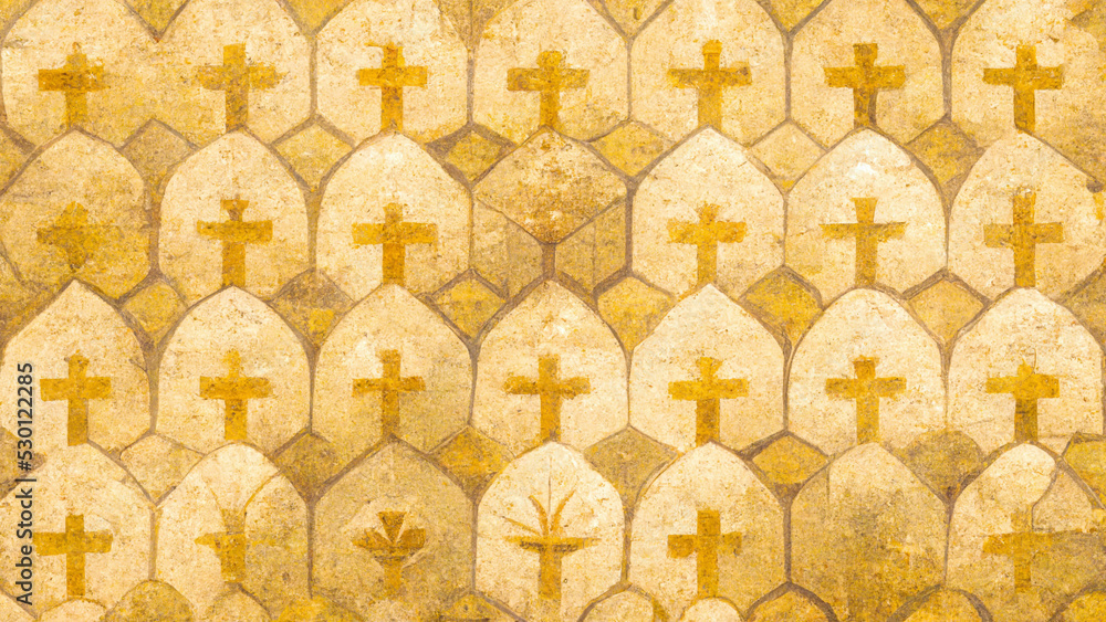 Tombstone pattern background illustration with a gold cross drawn on an ...