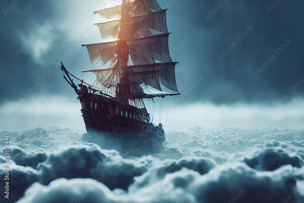 Ship sailing trough the clouds. Digital art of a boat flying trought ...