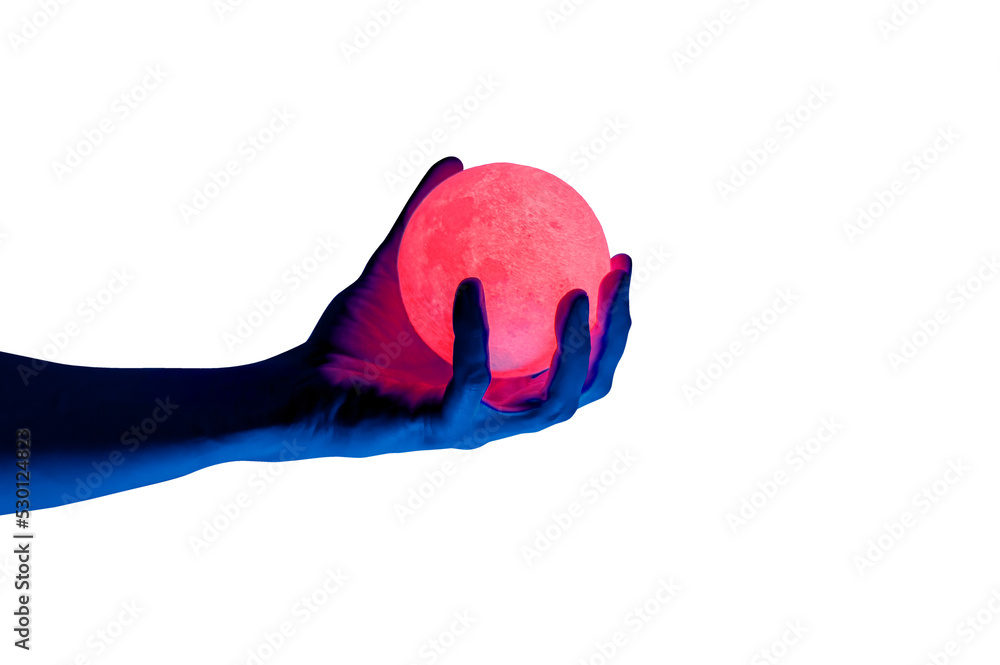 Human migician hand holding red illuminated sphere. Surrealistic ...