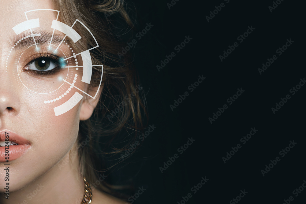 medicine and vision concept - woman closeup and eye diagram, future ...