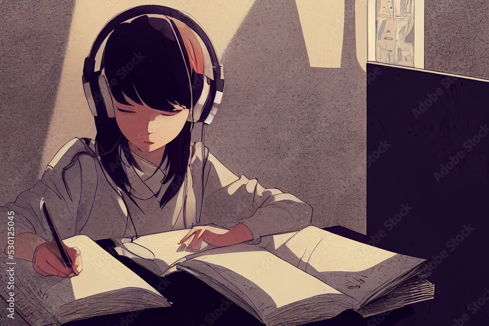 Anime Girl Reading A Book With Headphones