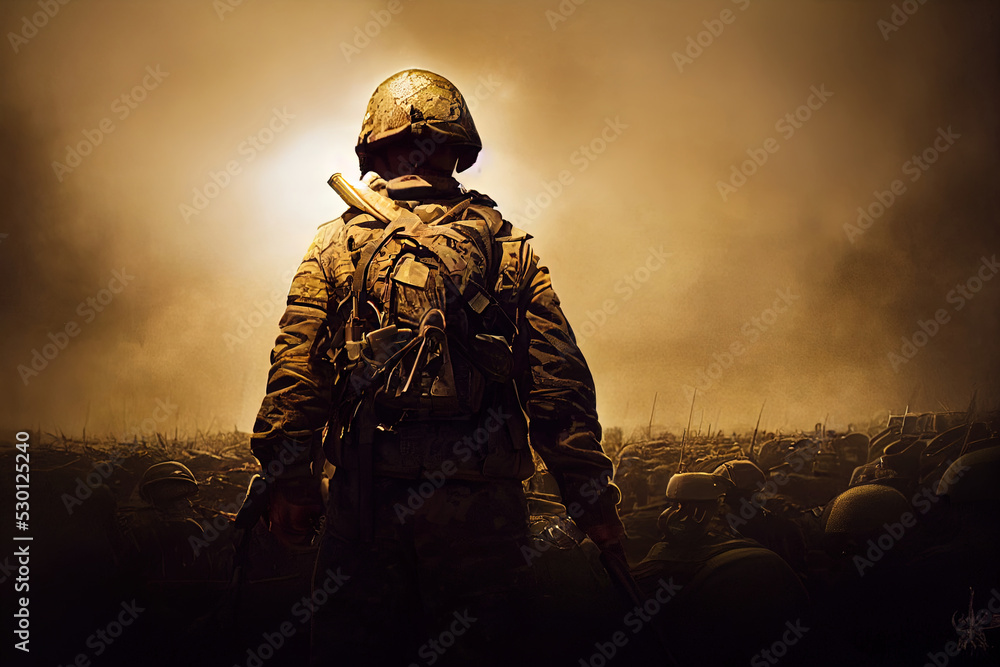 Lone soldier walking on the battlefield. Illustration of a a military ...