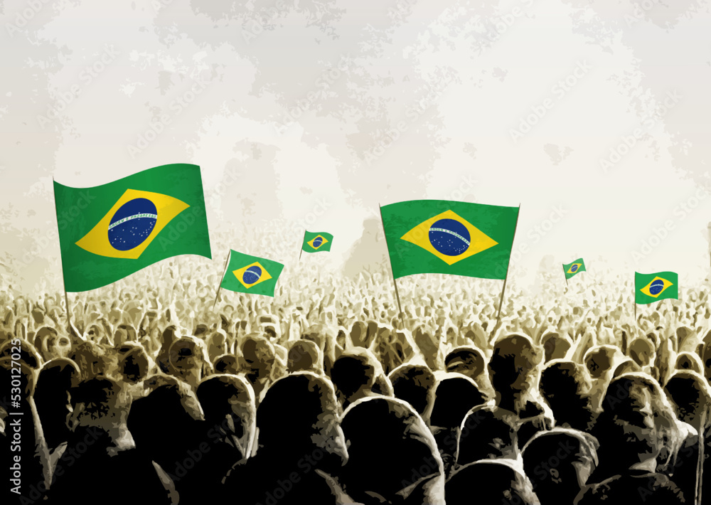Crowd with the flags of Brazil, people cheering national team of Brazil ...